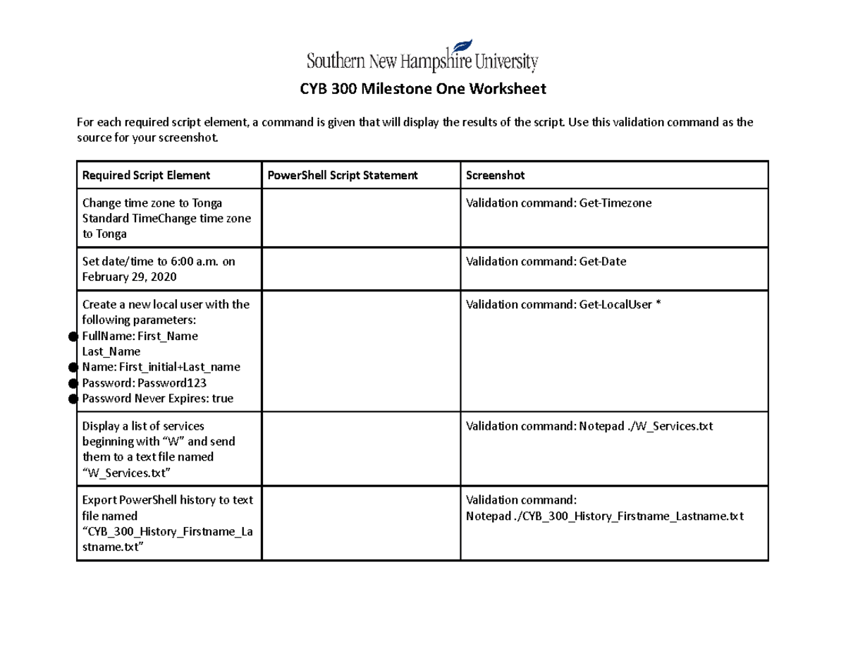 CYB 300 Milestone One Worksheet: PowerShell Script Elements and Validation - Studocu