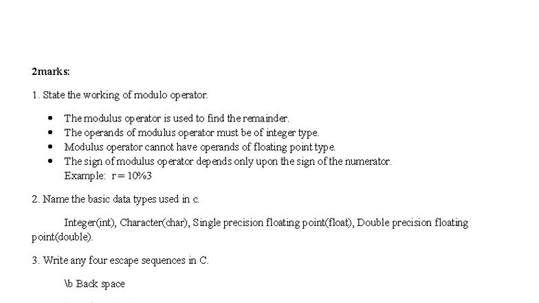 C Programming 2 Marks: Modulo Operator, Data Types & Keywords - Studocu