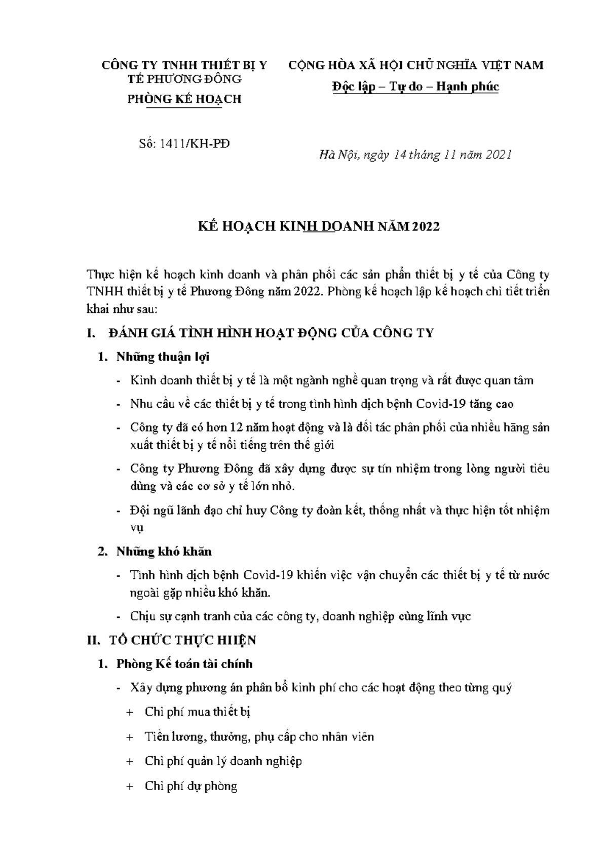 KHKD - kkii - CÔNG TY TNHH THIẾT BỊ Y TẾ PHƯƠNG ĐÔNG PHÒNG KẾ HOẠCH Số ...