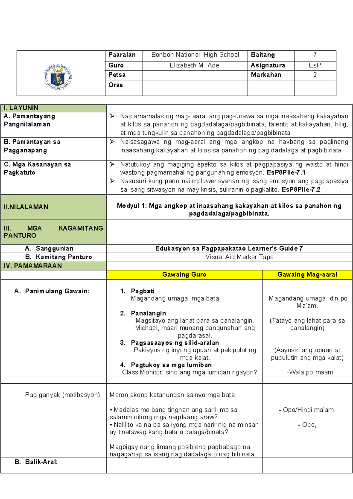 DLP-Gr7 - It's all about Detailed lesson plan in Grade 7 - Paaralan Bonbon National High School ...