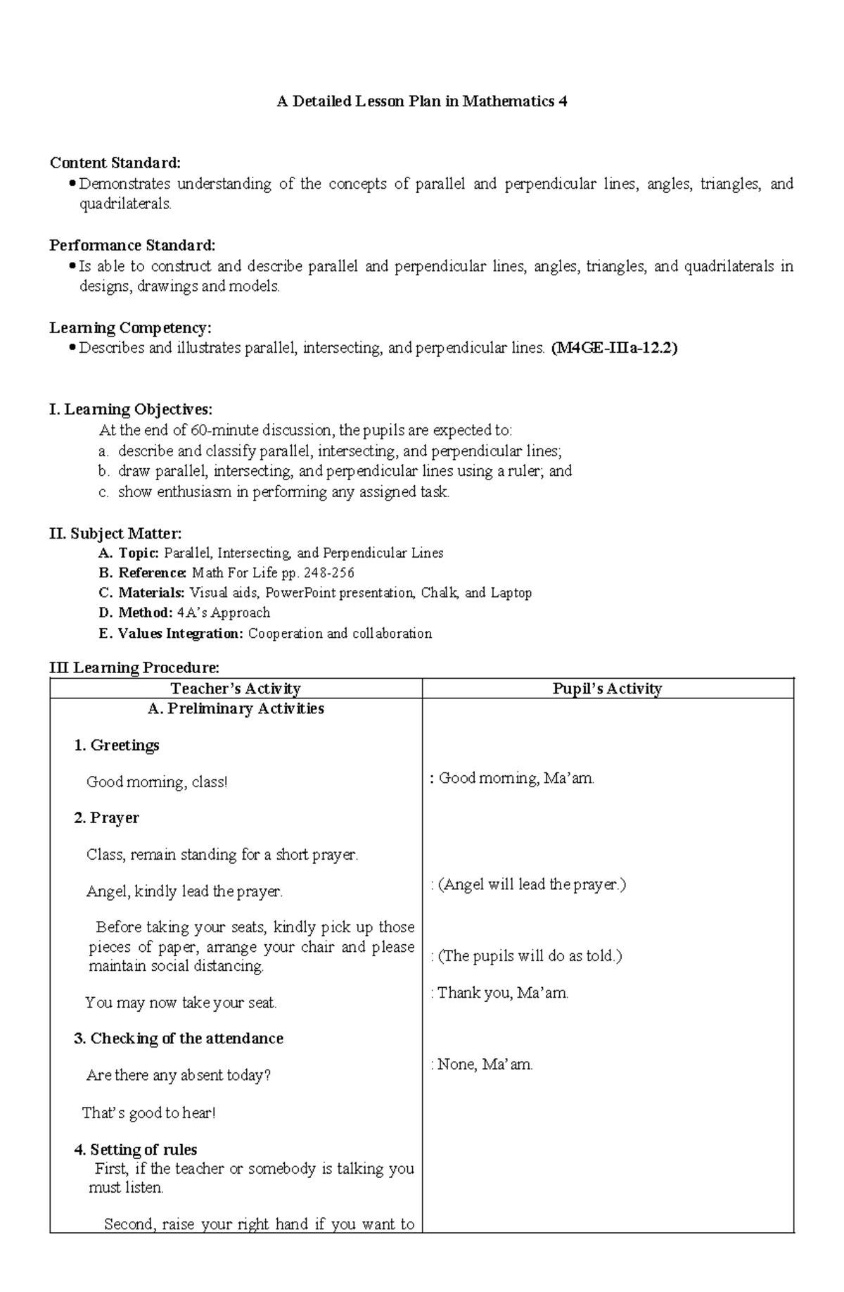 Mathematics 4 Detailed Lesson Plan: Parallel & Perpendicular Lines ...