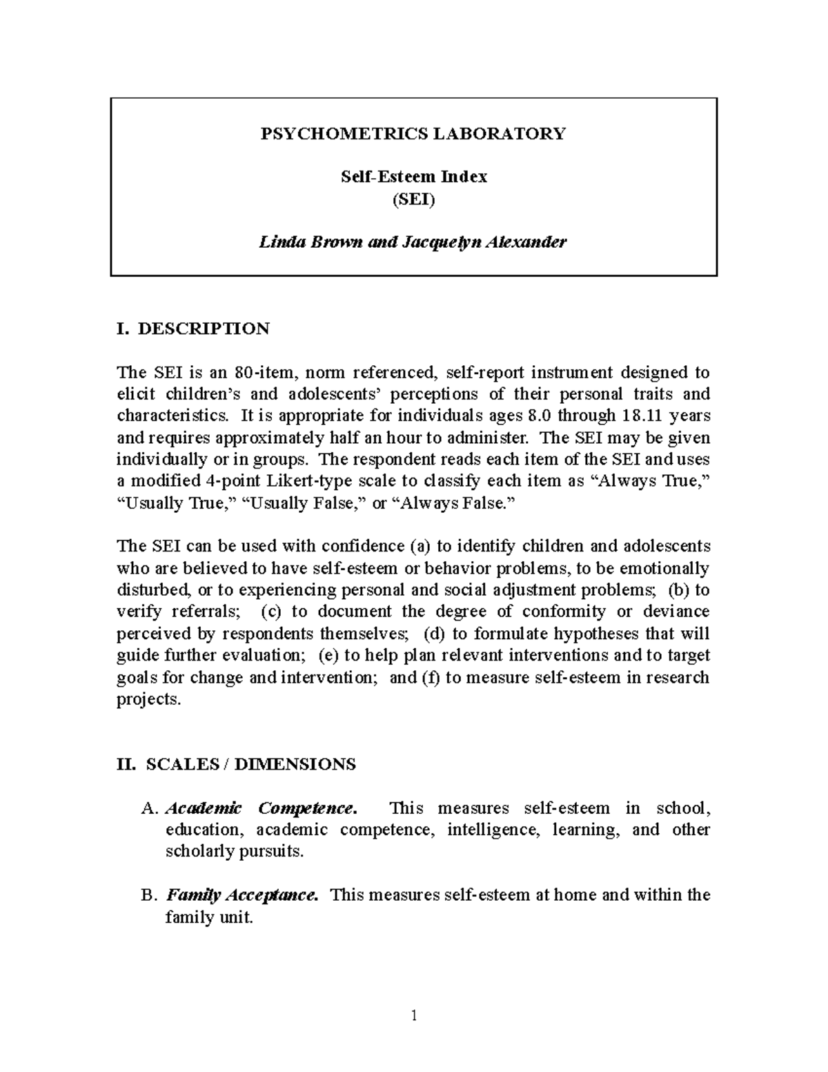 Self-Esteem Index (SEI) Assessment Guide and Interpretation - Studocu