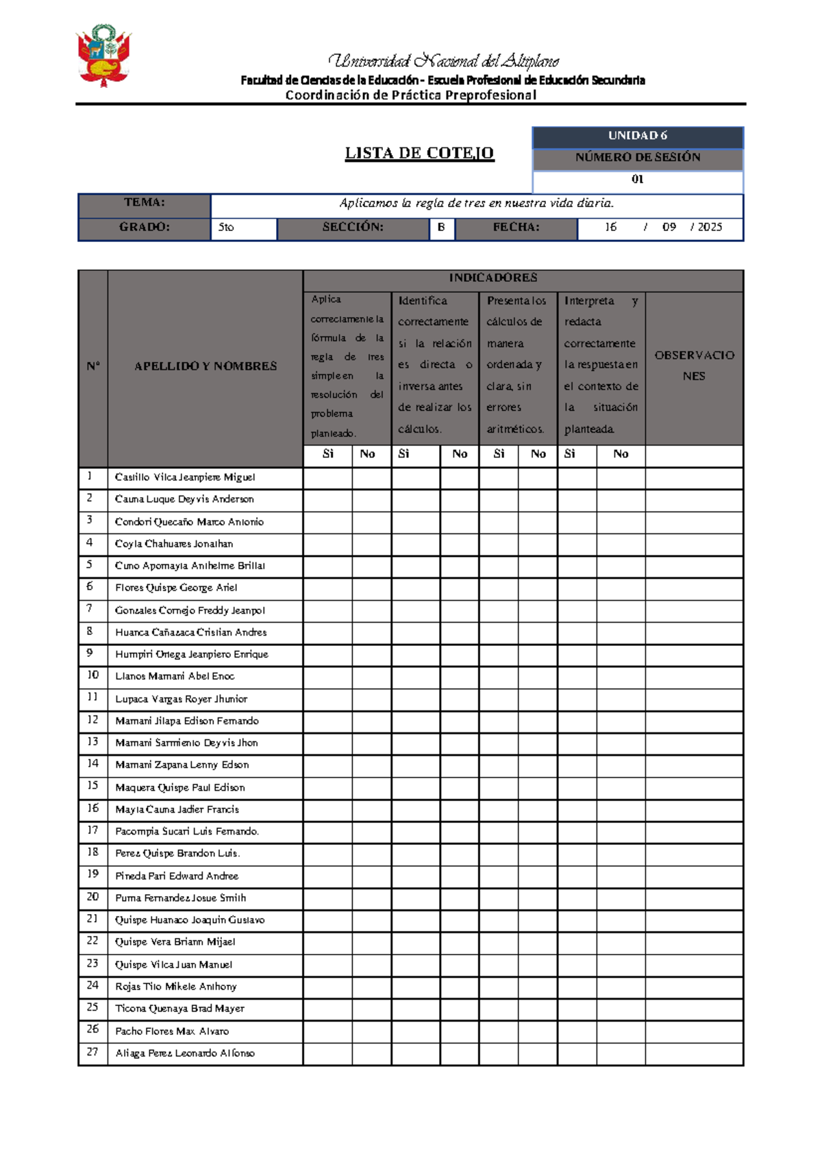 Lista de Cotejo 01: Aplicación de la Regla de Tres - 5to Sec. B - Studocu
