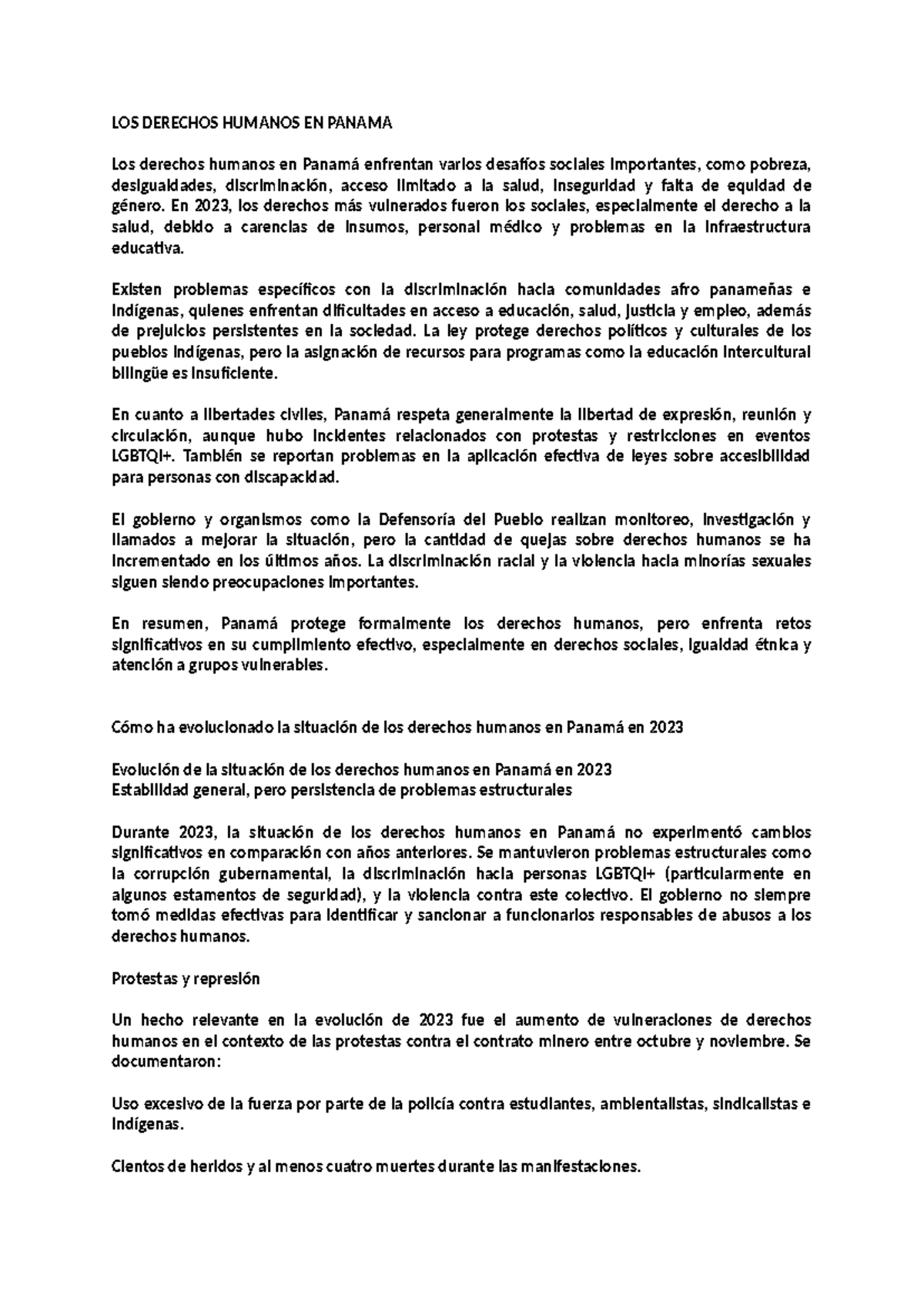 Derechos Humanos en Panamá: Desafíos y Evolución en 2023 - Studocu