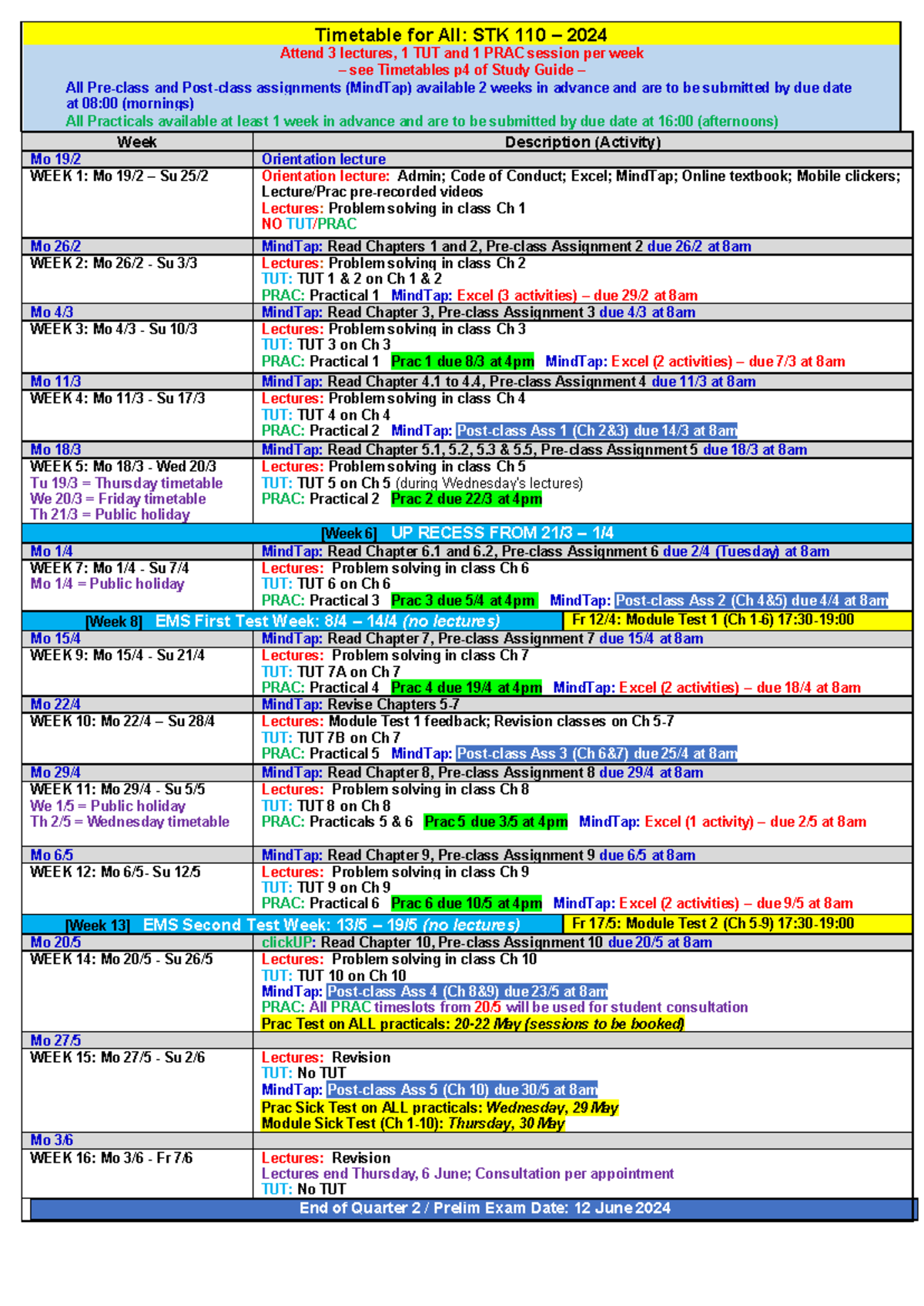 STK110 Weekly Activity Schedule 2024 - Timetable for All: STK 110 ...