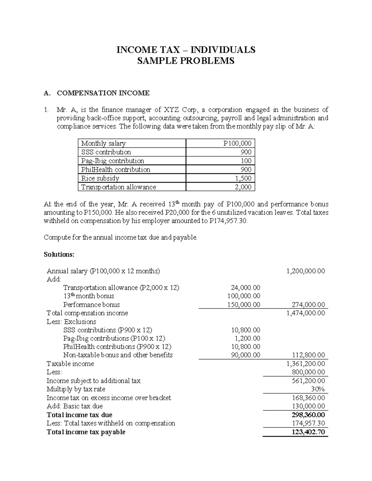 Income Tax - Individual (Sample Problems & Solutions) - Studocu