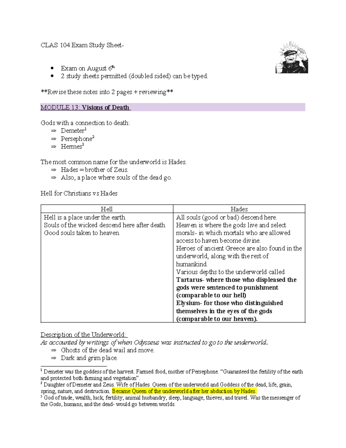 CLAS 104 Final Exam Study Sheet: Greek Mythology Insights - Studocu