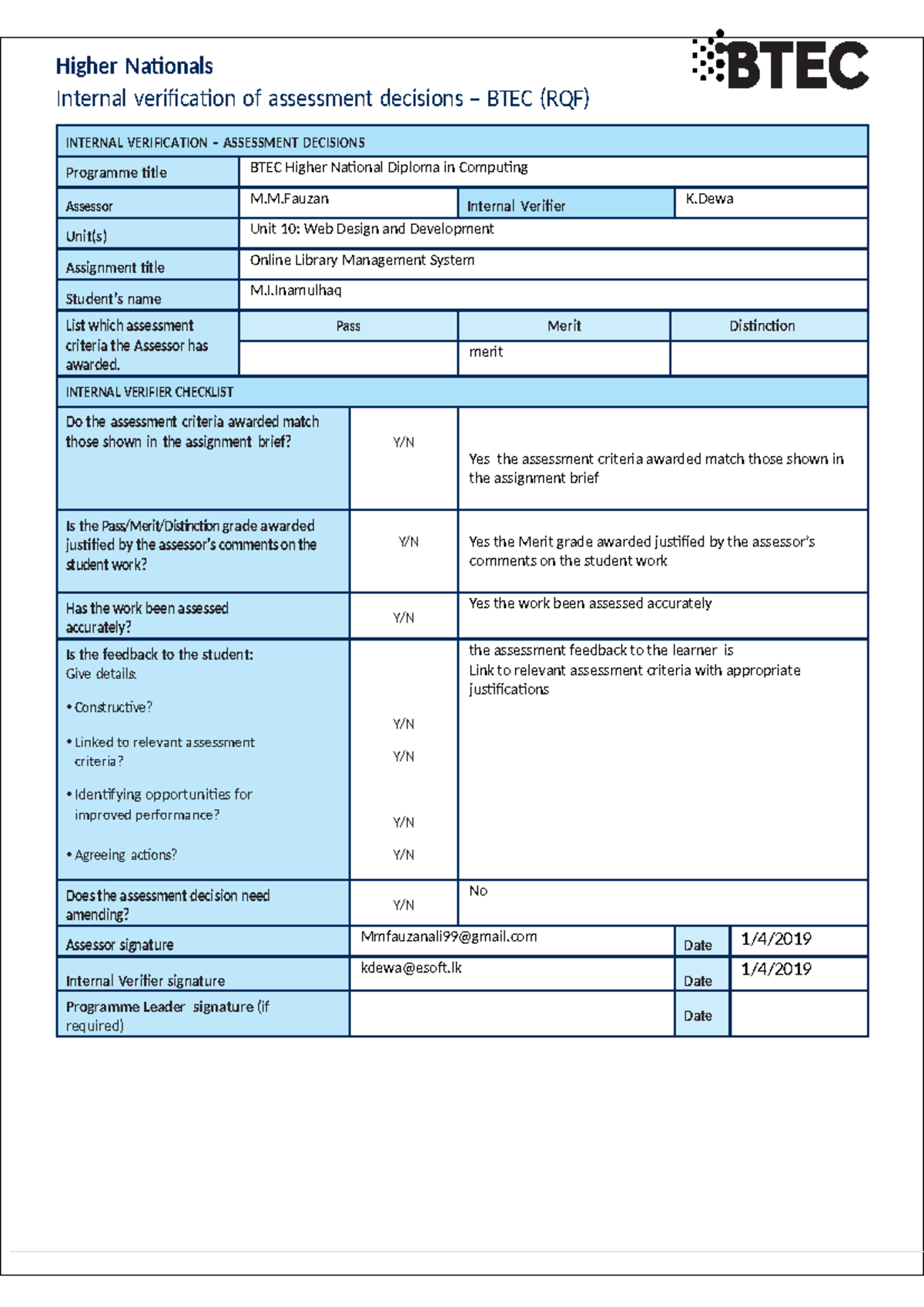 BTEC HND Computing Unit 10: Internal Verification of Web Design Assessment - Studocu