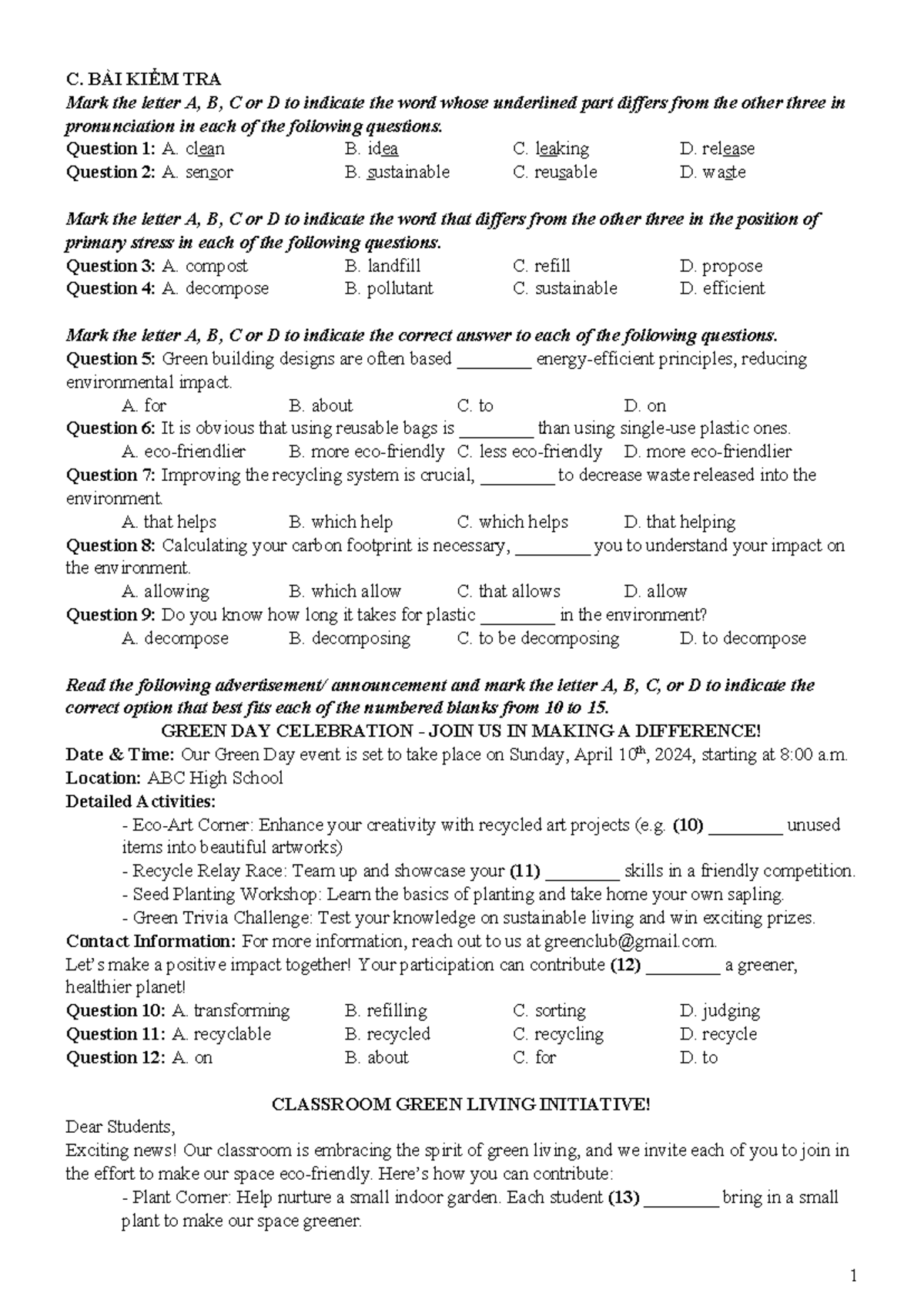 C. TEST LAST SEMESTER: QUIZ ON ENVIRONMENTAL VOCABULARY AND CONCEPTS ...