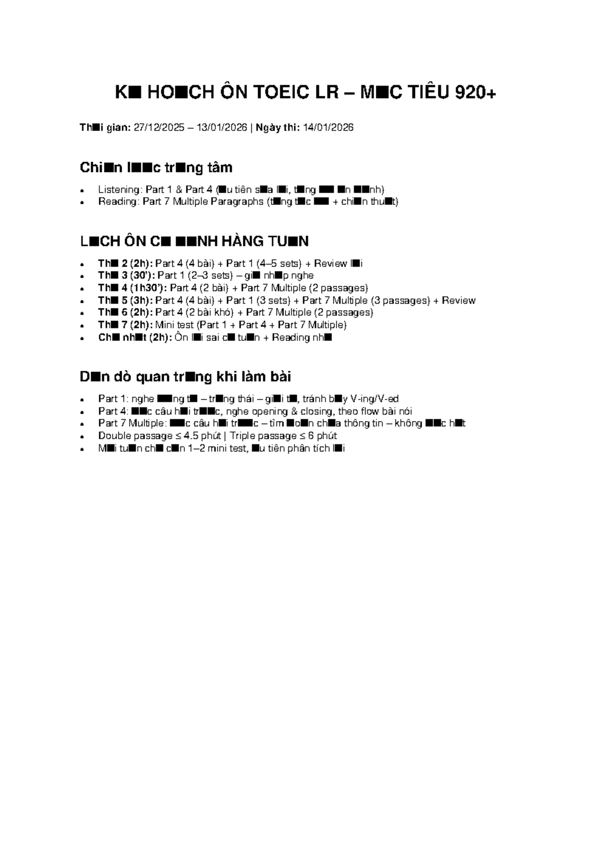 K HO CH ÔN TOEIC LR – K HO CH ĐẠT M C TIÊU 920+ - Studocu