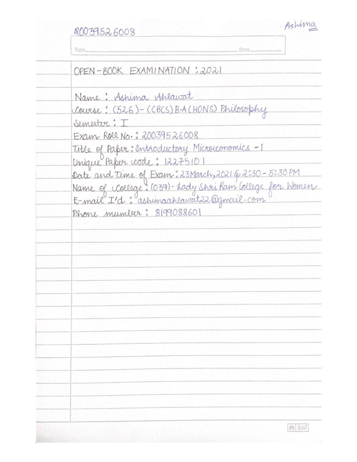 ECO question 5 - Economics paper - 20039526008 Ashima Topic Date ...