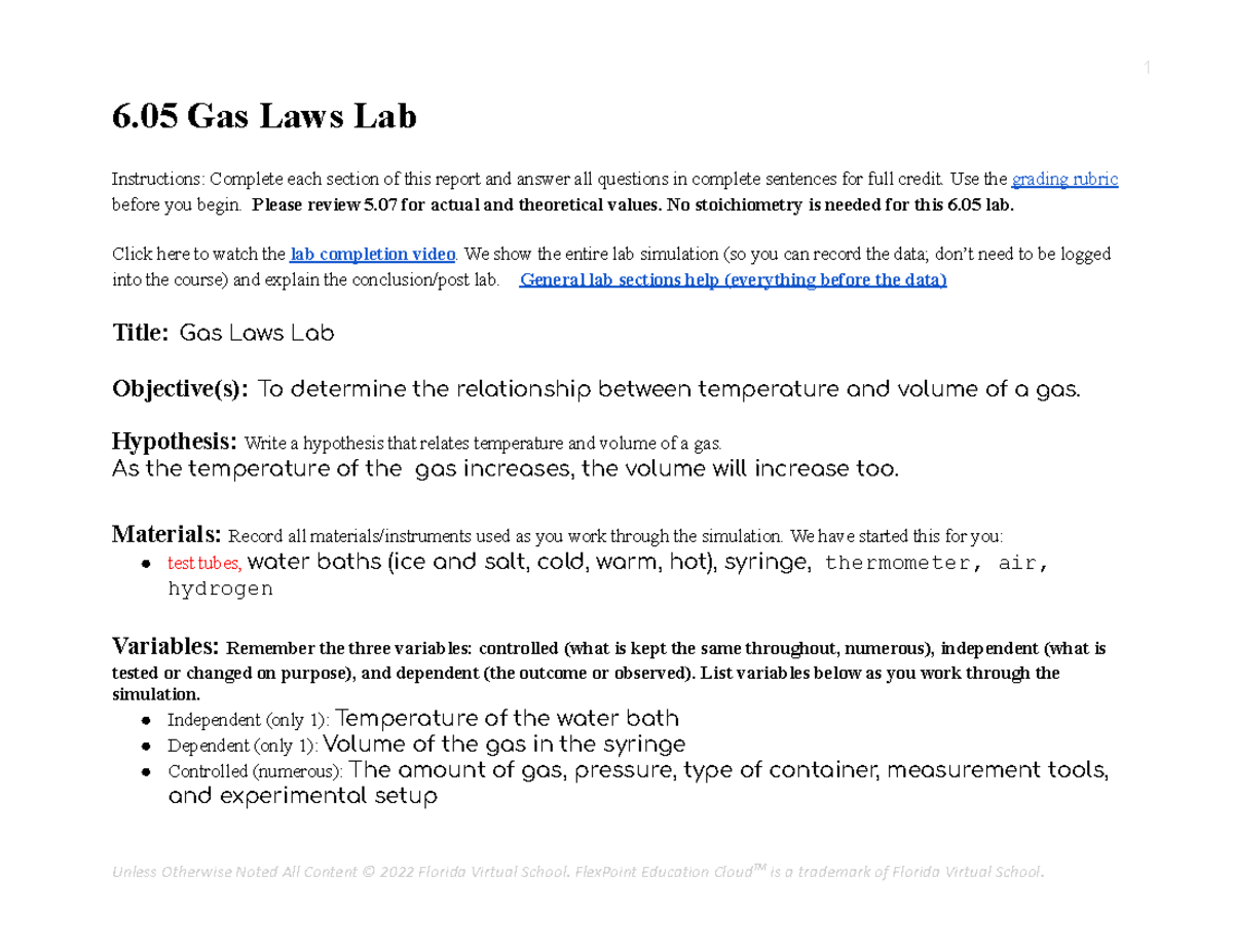 6.05 Gas Laws Lab Report - Understanding Temperature-Volume ...