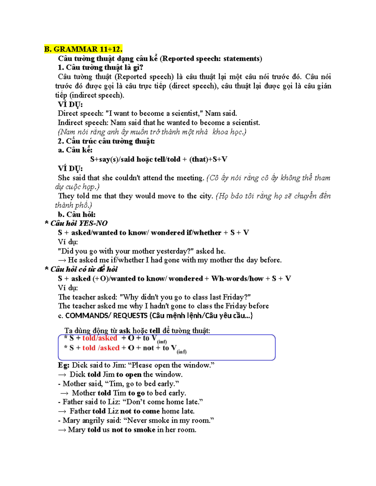 Unit 11: Reported Speech - Statements, Questions, and Commands - Studocu