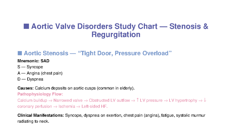 Aortic Valve Disorders Study Guide: Stenosis & Regurgitation - Studocu