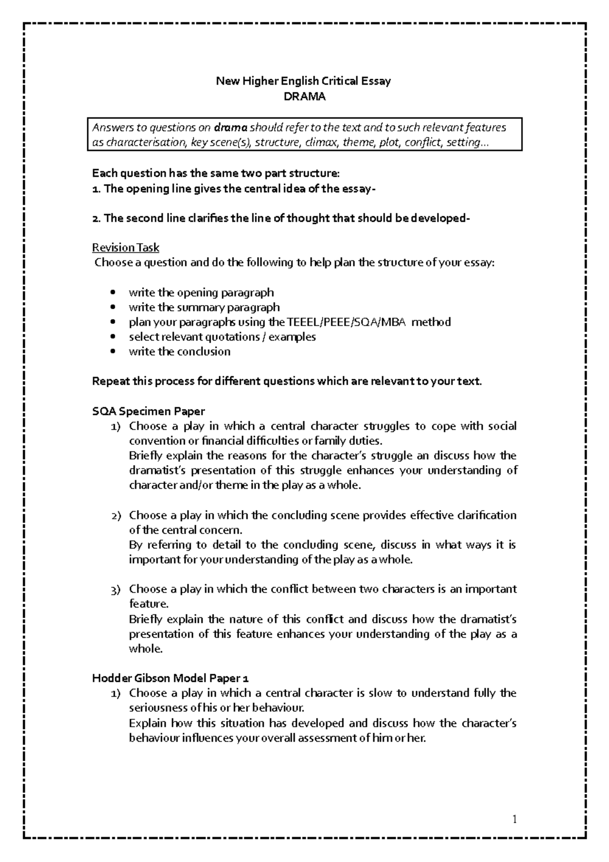 New Higher English Critical Essay: Drama Model Papers Overview - Studocu