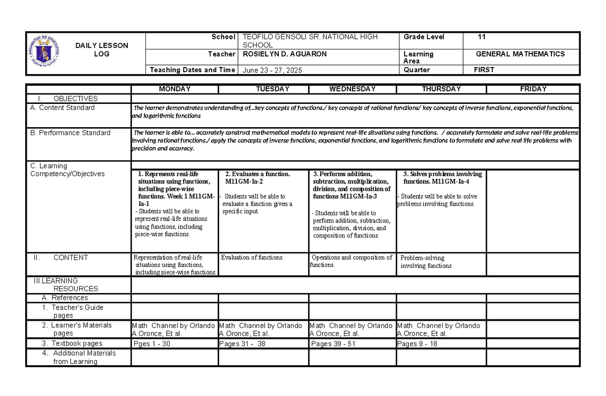 Grade 11 General Mathematics Daily Lesson Log (Q1) - Studocu