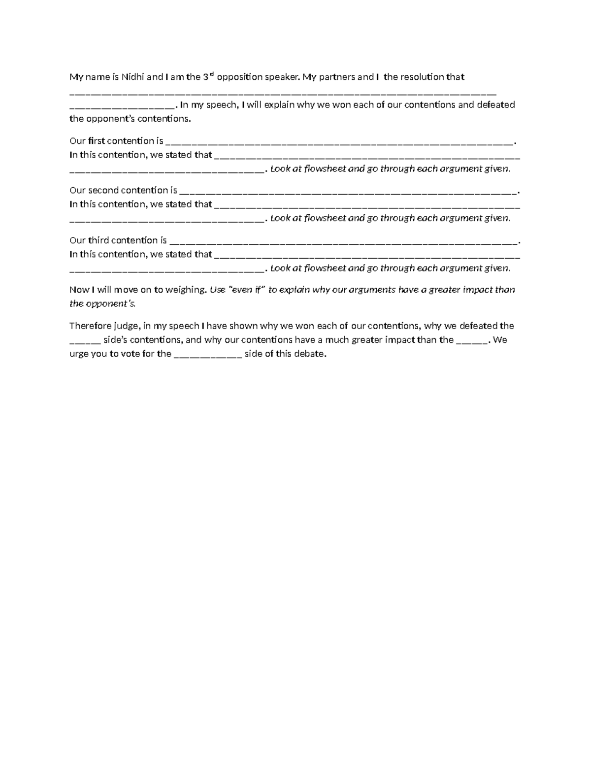 3rd Opposition Speaker Template for Debate Preparation - Studocu