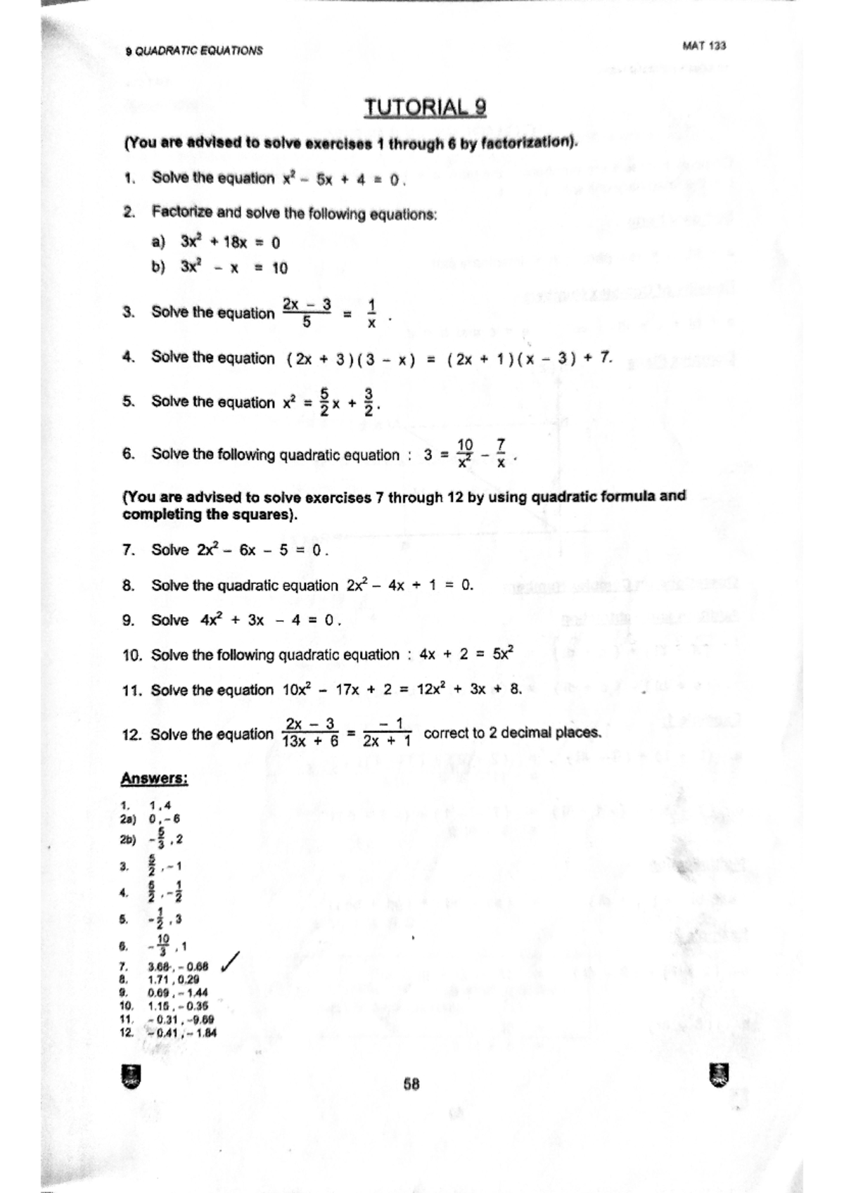 TUTO MAT 406 - example - 9 QUADRATIC EQUATIONS MAT 133 TUTORIAL 9 (You ...