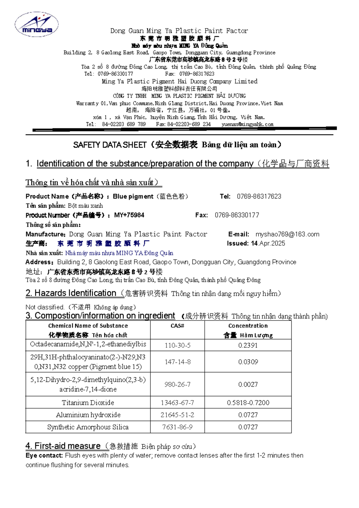 MSDS for MY+75984: Safety Data for Ming Ya Plastic Pigment - Studocu