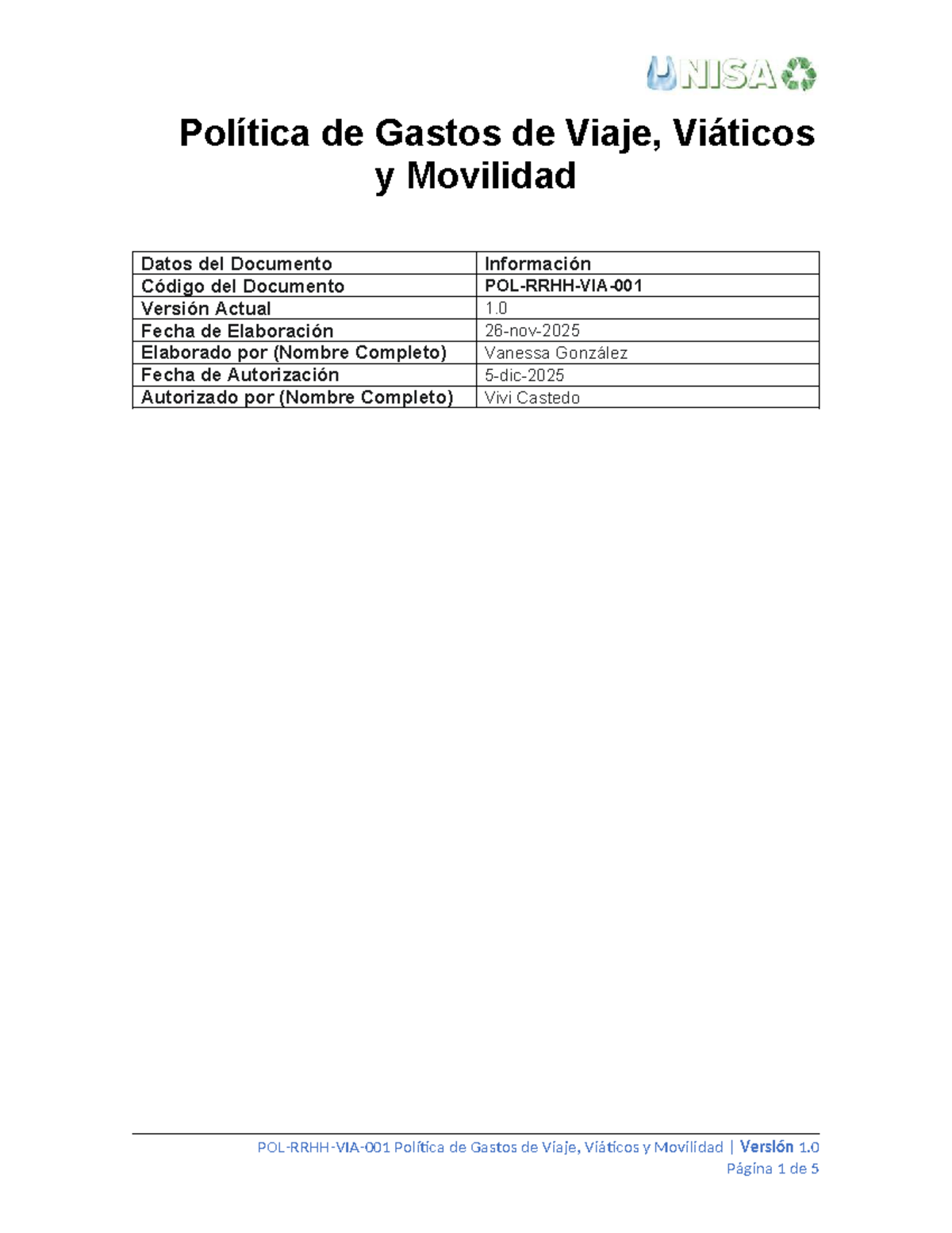 POL-RRHH-VIA-001 Política de Gastos de Viaje y Viáticos - Versión 1.0 ...