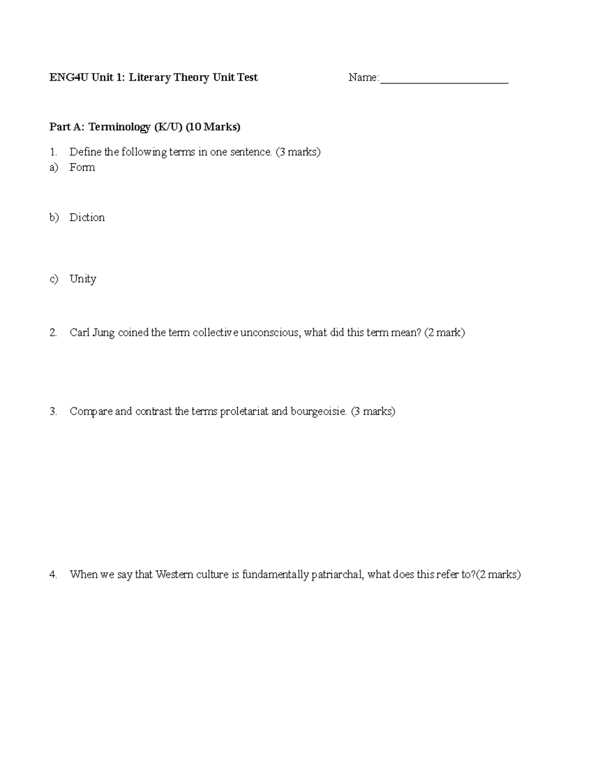 ENG4U Unit 1 Literary Theory Test: Terminology & Analysis Questions ...