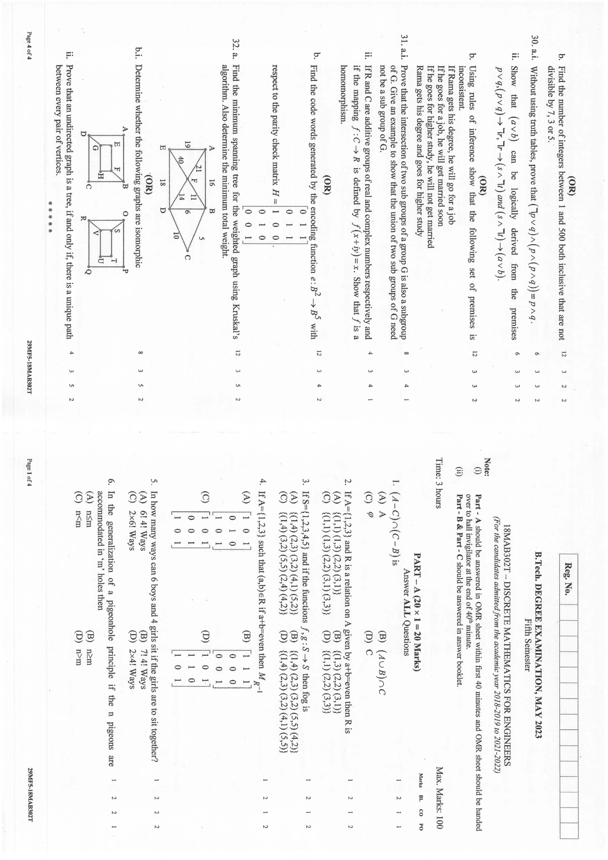 DME 18MAB302T Discrete Mathematics for Engineers - Qn Paper - Studocu