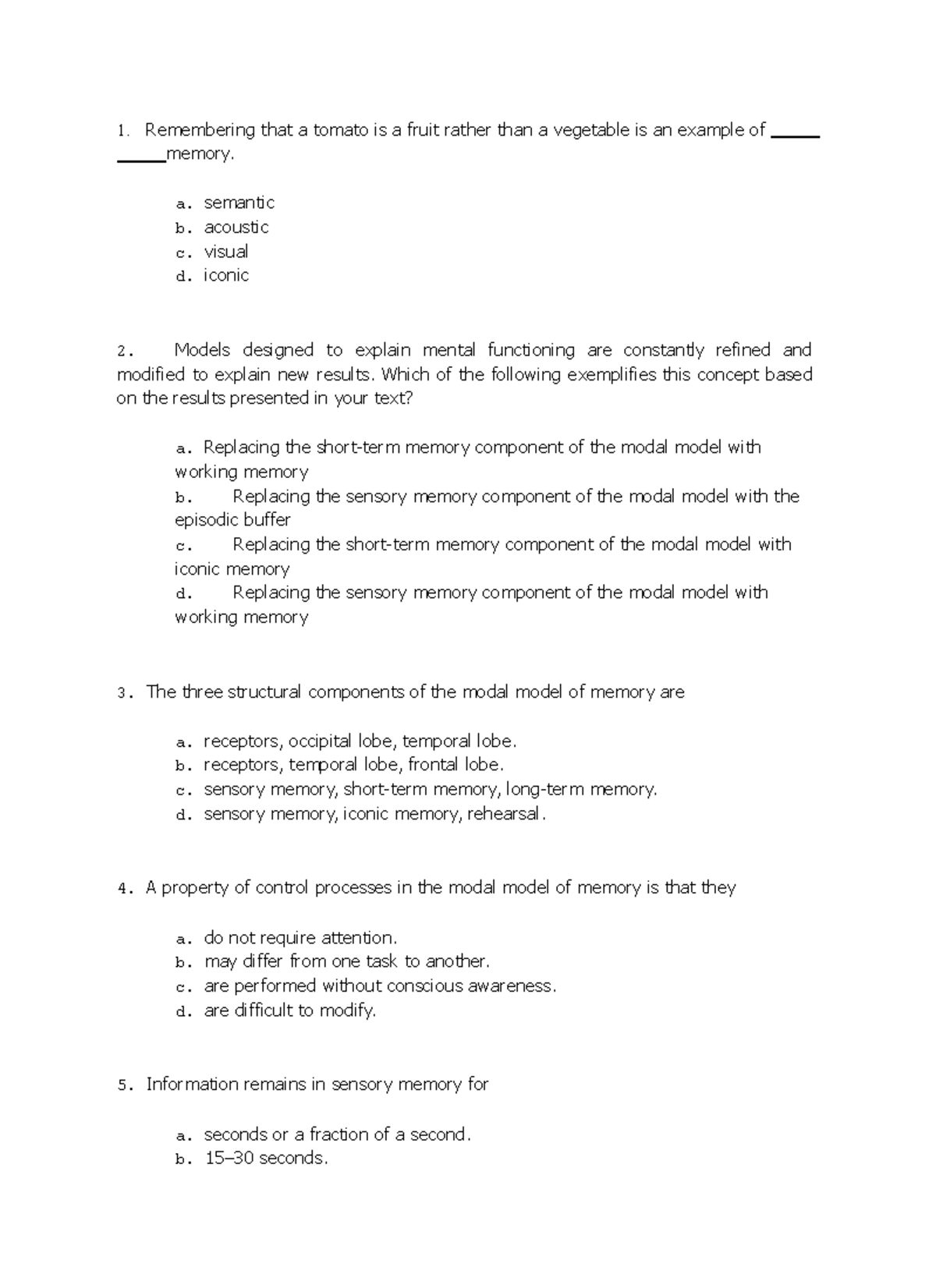 Ch5 Memory Models - Practice Quiz for Psychology Course - Studocu