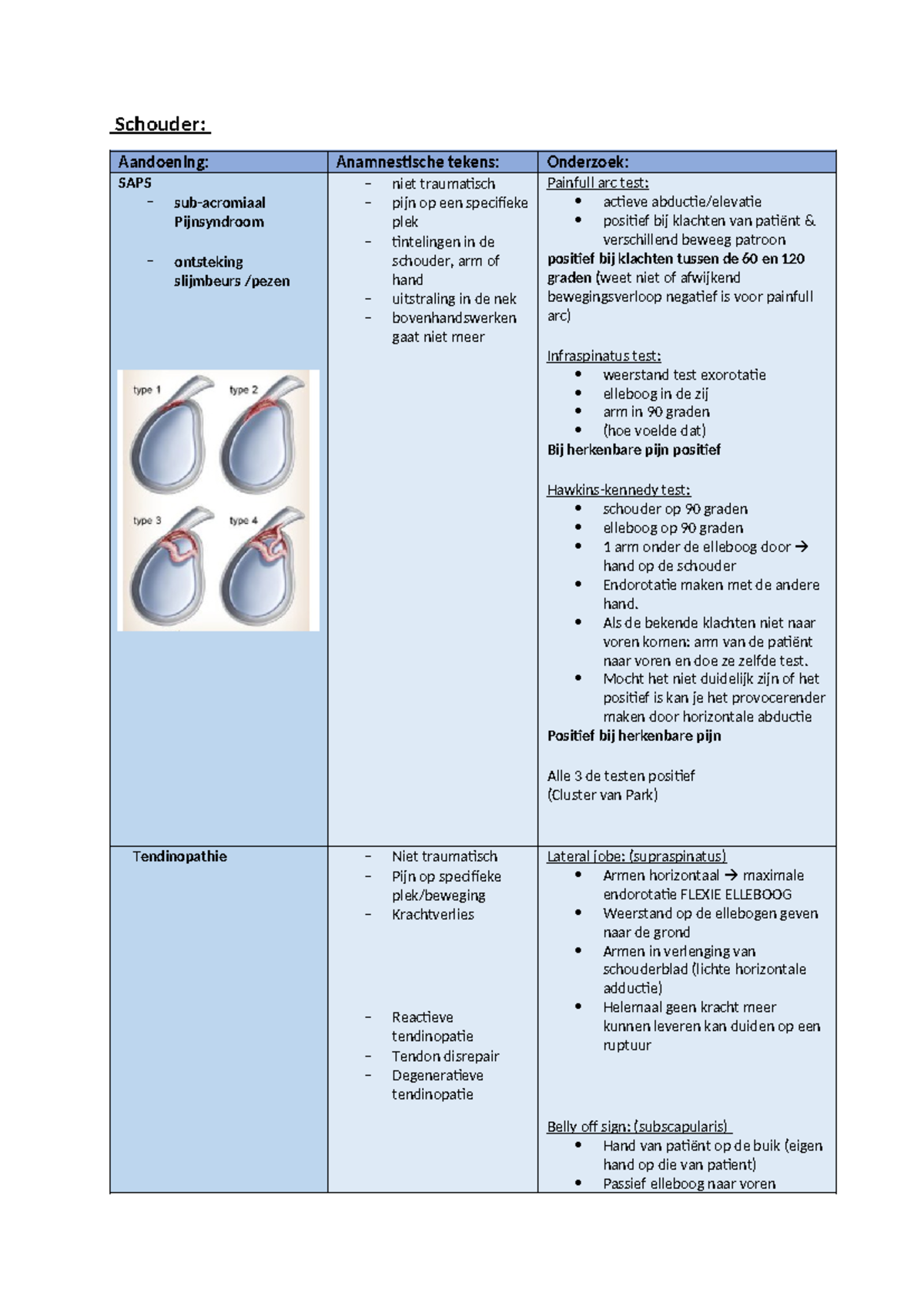 Diagnostiek Samenvatting Tabel: Aandoeningen en Onderzoek (SAPS ...