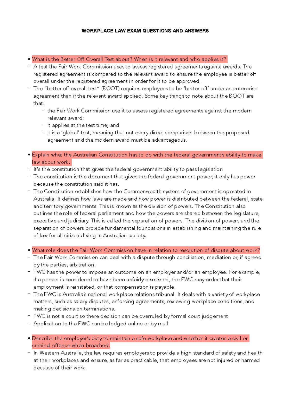 Exam Questions - WORKPLACE LAW EXAM QUESTIONS AND ANSWERS What is the ...