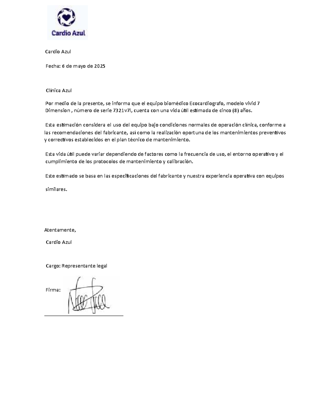 Carta informando vida util GE - Cardio Azul Fecha: 6 de mayo de 2025 ...