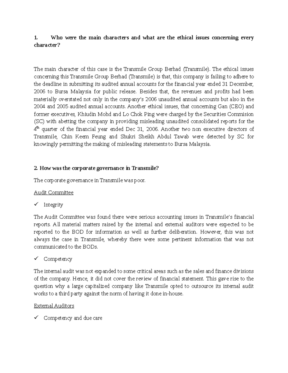 CASE Study Transmile 1 - Ethical Issues and Corporate Governance ...