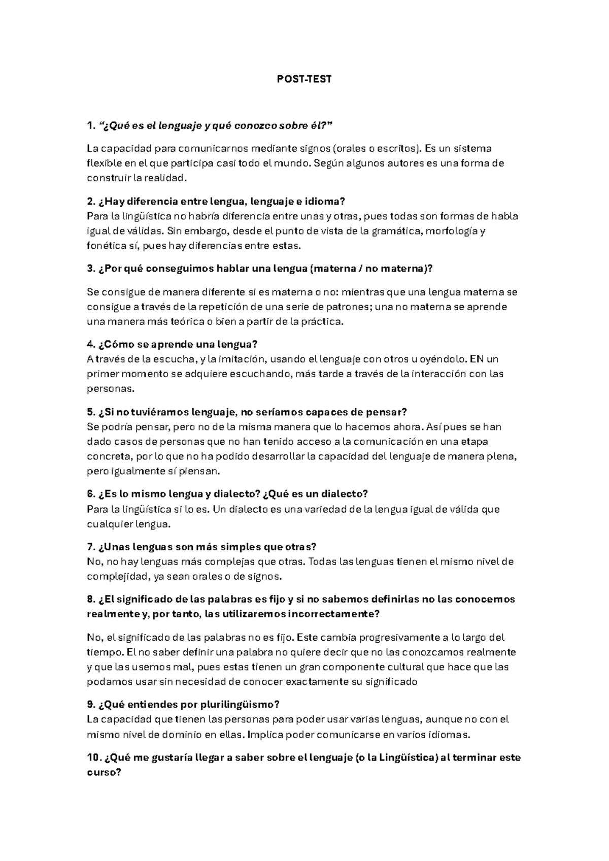 POST-TEST: Comprensión del Lenguaje y Lingüística - Studocu