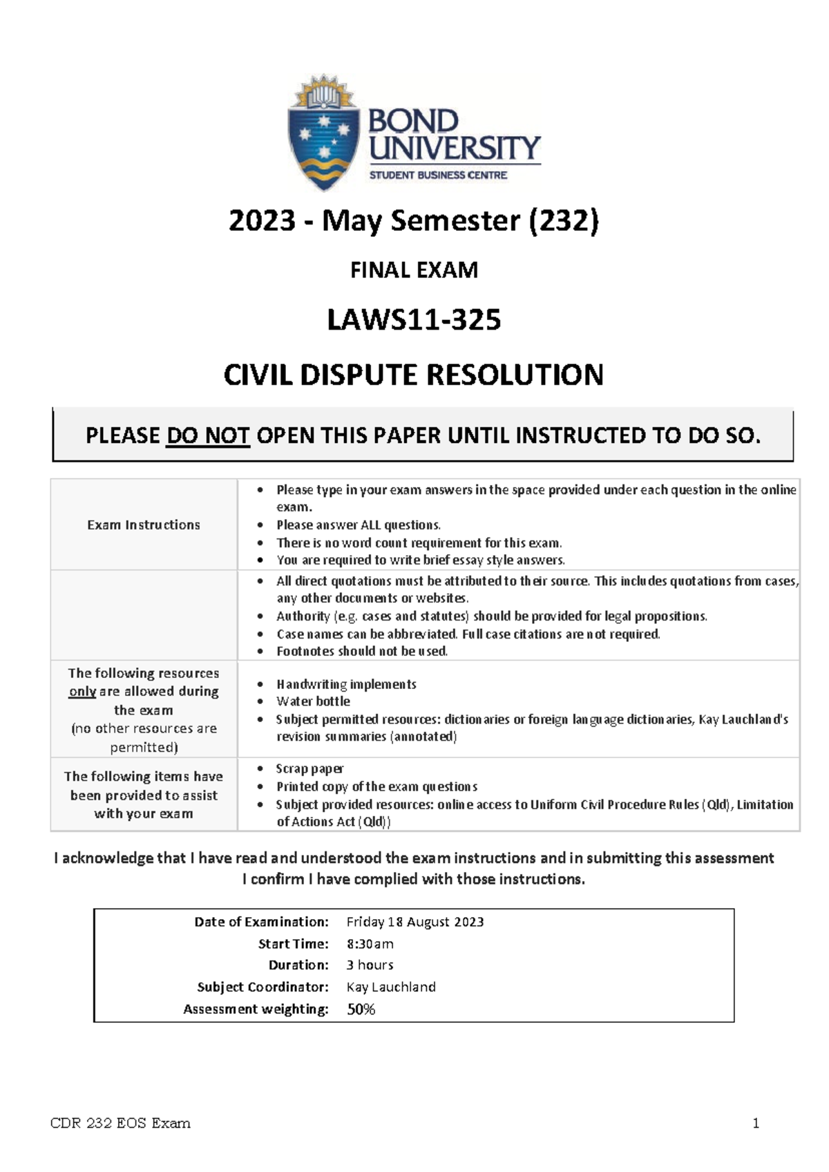 CDR 232 FINAL EXAM: CIVIL DISPUTE RESOLUTION PRACTICE MATERIAL - Studocu