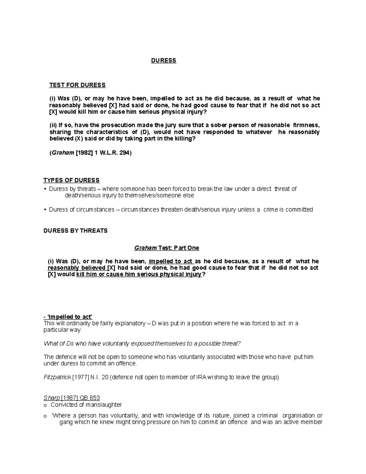 Graham Test and Legal Principles of Duress in Criminal Law - Studocu