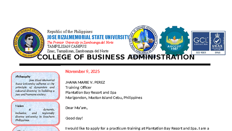 Application Letter for Practicum Training - BS Hospitality Management - Studocu