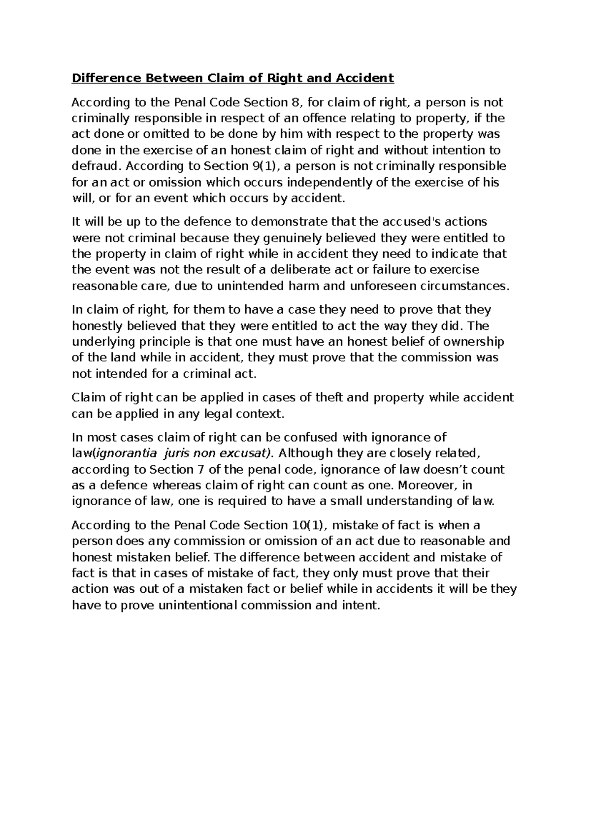 Claim of Right vs. Accident: Insights from Penal Code Section 8 - Studocu