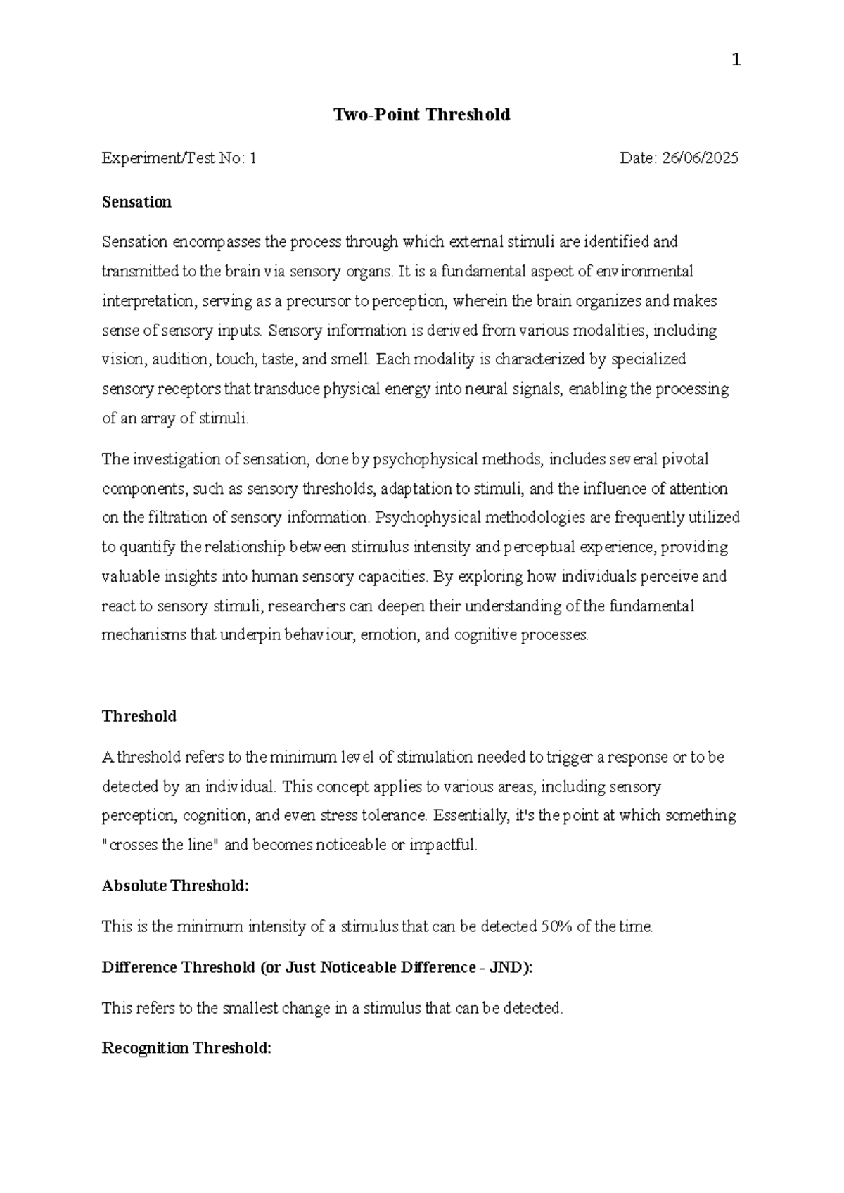 PSY 101: Two-Point Threshold Experiment and Sensory Sensitivity ...
