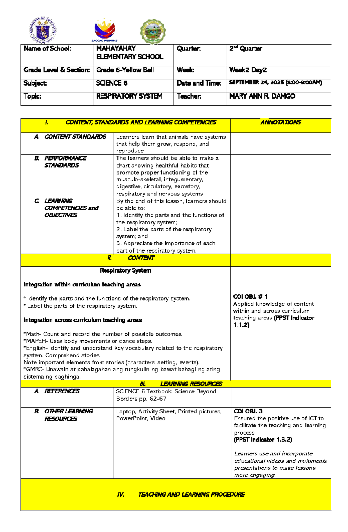 7E's Lesson Plan: Respiratory System in Science 6 (Q2 WK2) - Studocu