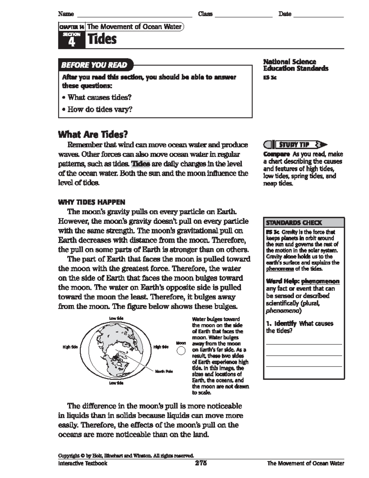 Earth Science ES 3c Tides Study Guide: Understanding Ocean Movements ...