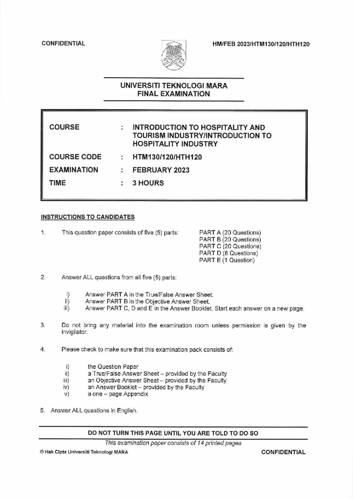 HTM130 Final Exam: Introduction to Hospitality & Tourism February 2023 ...