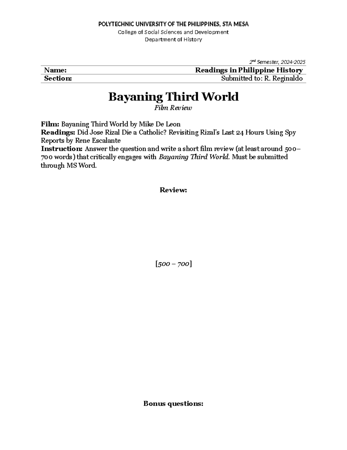 Film Review: Bayaning Third World - A Critical Engagement - Studocu