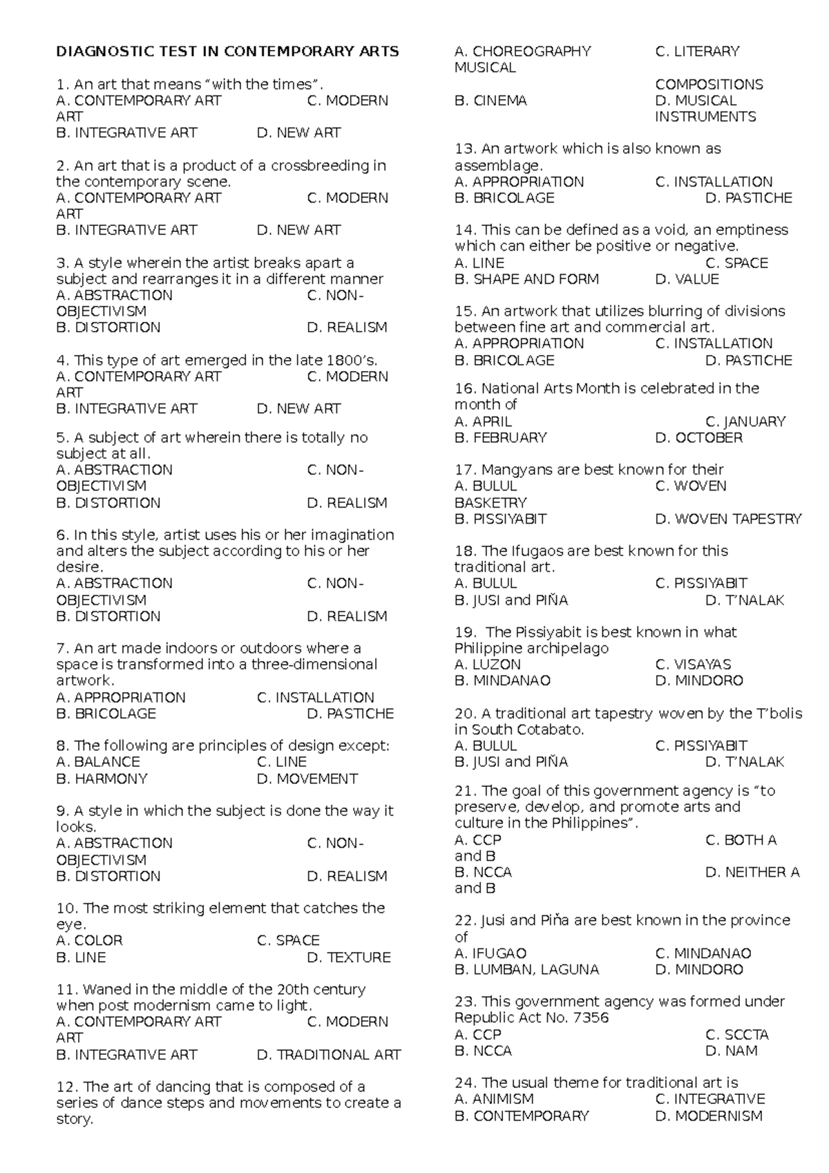 Contemporary Arts Diagnostic Test: 1st Quarter Review Guide - Studocu