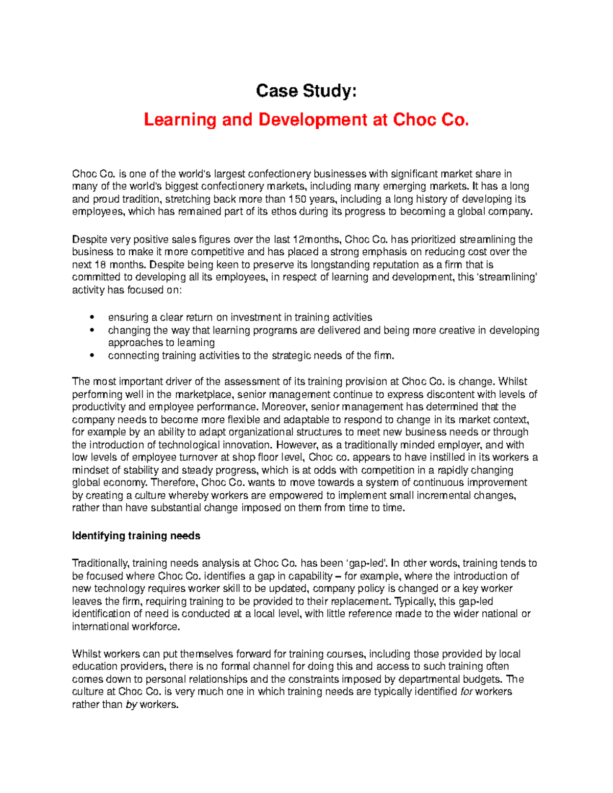 ORGS 3836 - Case Study: Learning & Development at Choc Co. - Studocu