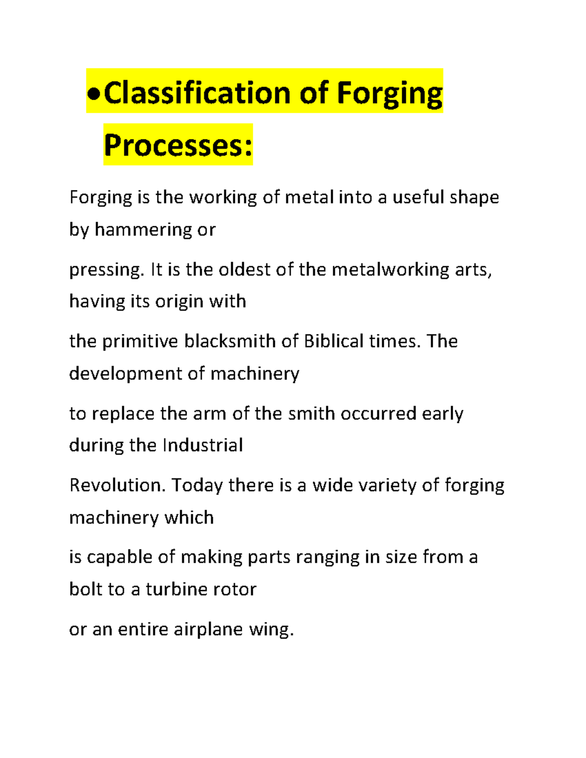Classification of Forging Processes - Classification of Forging ...