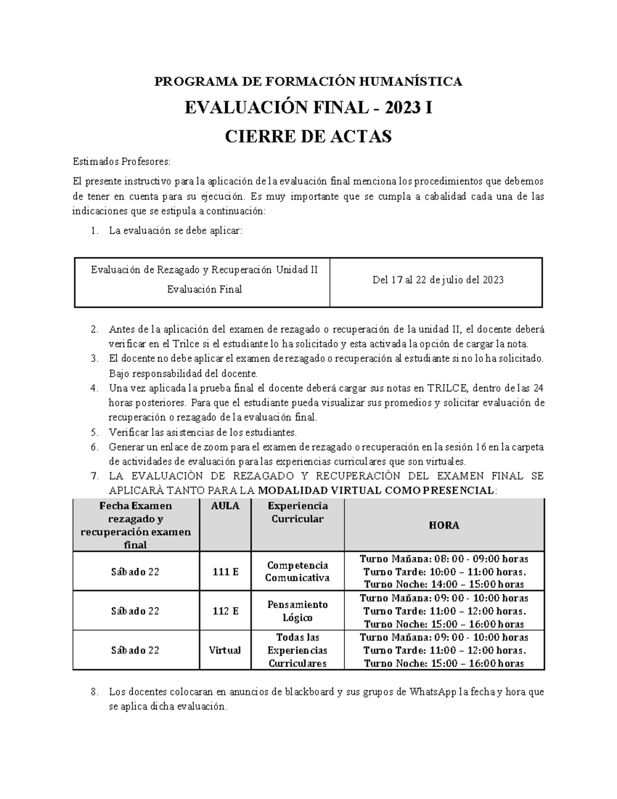 Protocolo Examen Final Cierre DE Actas (1) - PROGRAMA DE FORMACI”N HUMANÕSTICA EVALUACI”N FINAL ...