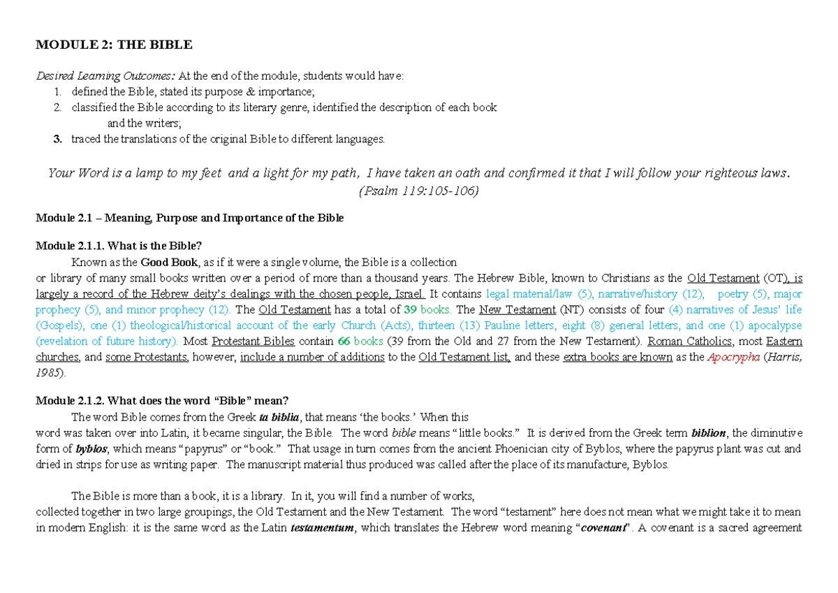 Module 2: Understanding The Bible and Its Significance - RE 1 - Studocu