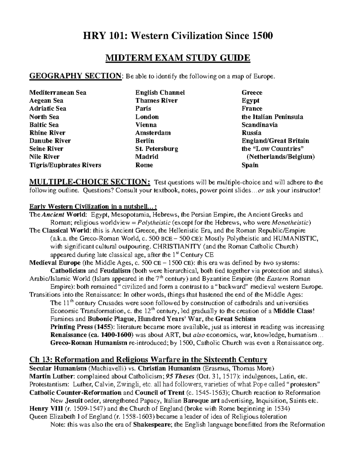 HRY 101: Western Civilization Since 1500 Midterm Exam Study Guide - Studocu