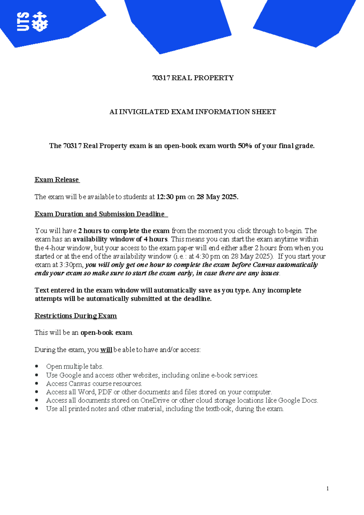 70317 REAL PROPERTY AI FINAL EXAM INFORMATION SHEET - AUTUMN 2025 - Studocu
