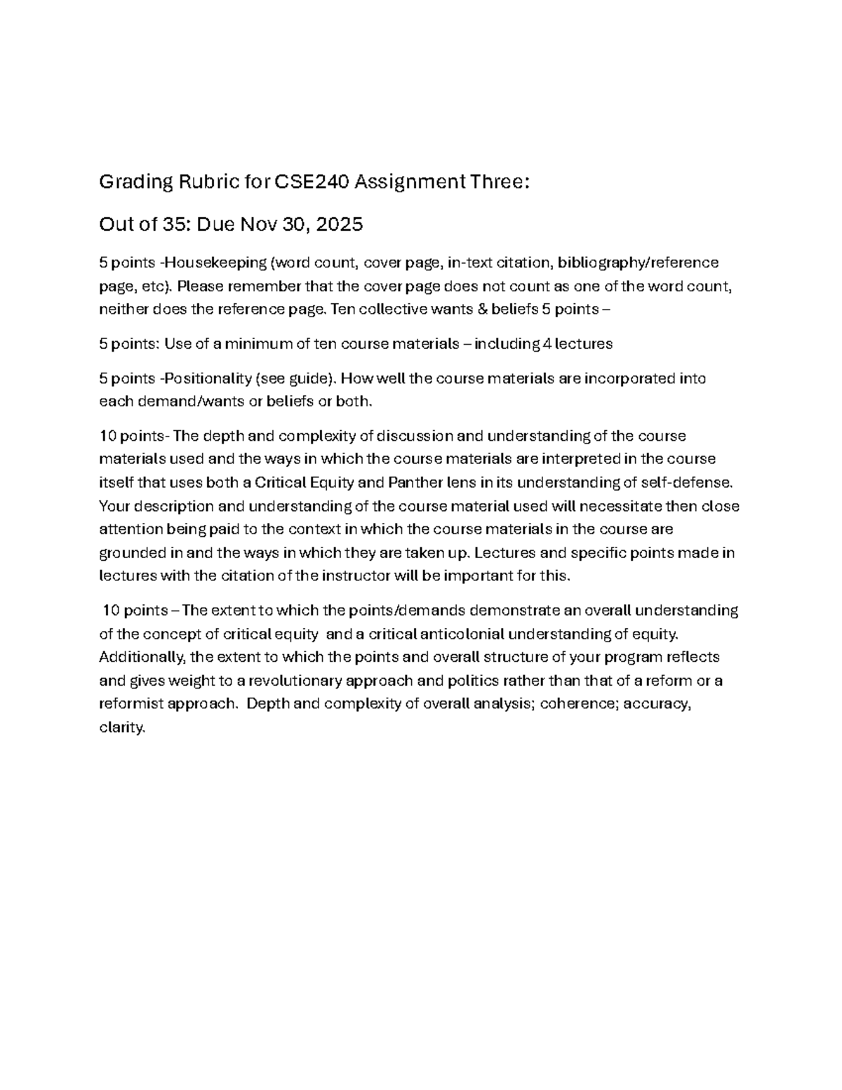 CSE240 Assignment 3 Grading Rubric: Due Nov 30, 2025 - Studocu