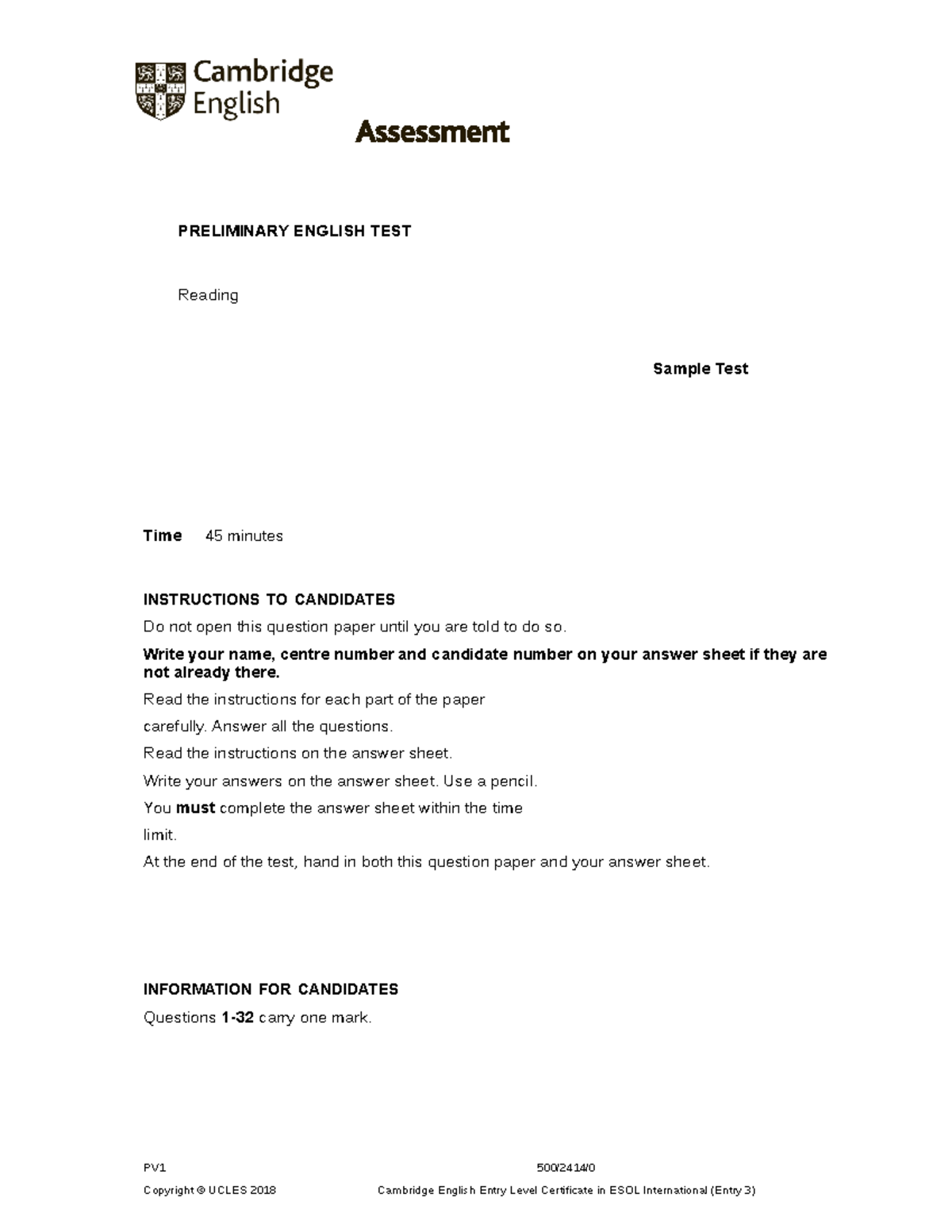 B1 Preliminary English Test: 2020 Sample Reading Question Paper - Studocu